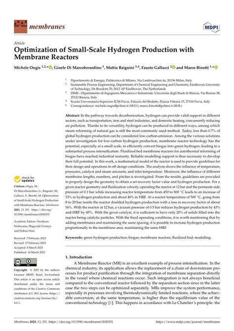 Pdf Optimization Of Small Scale Hydrogen Production With Membrane Reactors