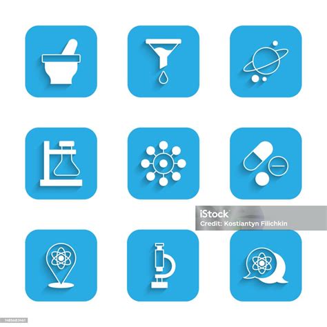 바이러스 현미경 원자 약 알약 또는 정제 스탠드에 시험관 플라스크 행성 토성 및 박격포 유봉 아이콘을 설정합니다 벡터 0명에 대한 스톡 벡터 아트 및 기타 이미지 Istock