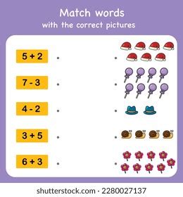Adding Subtract Match Pictures Educational Worksheet Stock Vector Royalty Free 2280027137