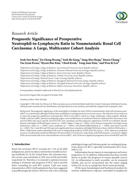 Pdf Prognostic Significance Of Preoperative Neutrophil To Lymphocyte Ratio In Nonmetastatic