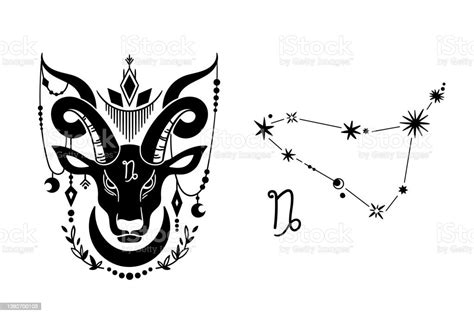 염소 자리 조디악 손으로 그린 기호 흰색 절연 클립 아트 독특한 점성술 기호 및 별자리 검은 실루엣의 신비한 별자리 기호 현대 벡터 고산지대 아이벡스염소에 대한 스톡 벡터