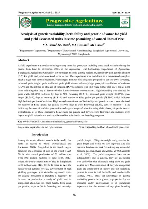 Pdf Analysis Of Genetic Variability Heritability And Genetic Advance For Yield And Yield