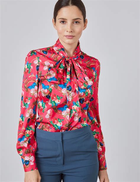 Womens Pink And Blue Floral Fitted Satin Blouse Single Cuff Pussy