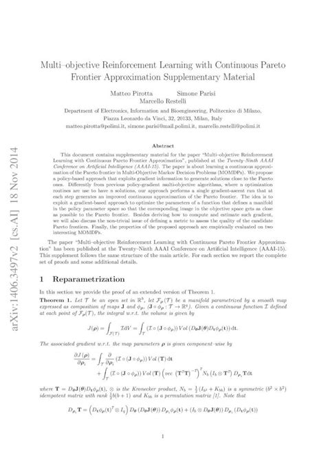 Pdf Multi Objective Reinforcement Learning With Continuous Matteopirottapolimiit Simone
