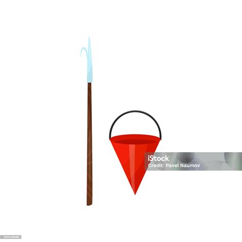 스크랩 및 빨간 양동이 소방 관의 장비는 흰색 바탕에 그림을 벡터 개념과 주제에 대한 스톡 벡터 아트 및 기타 이미지 개념과