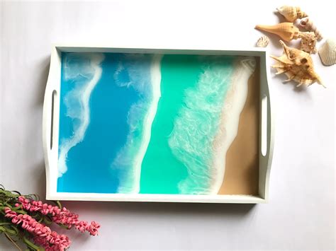 Ocean Resin Serving Tray White Rectangle Beach Tray Coastal Home