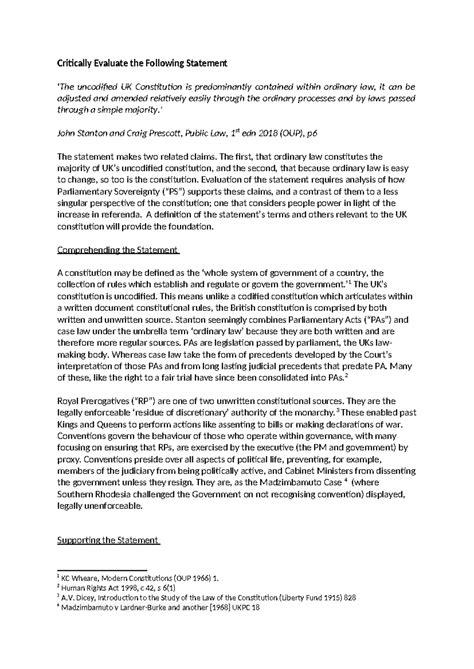 Uk Constitution Essay Evaluating The Role Of Ordinary Law Studocu