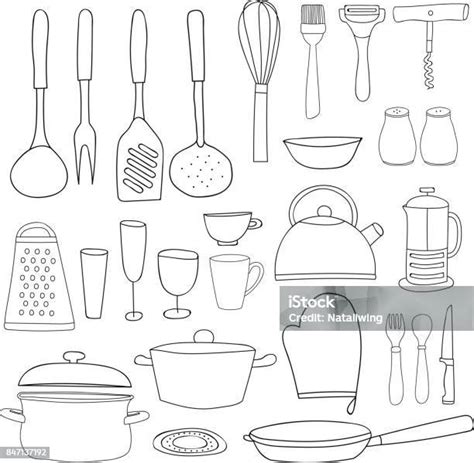 주방 용품 컬렉션입니다 검은 개요 흰색 배경에 실루엣 손으로 그린 스타일 0명에 대한 스톡 벡터 아트 및 기타 이미지 0명 드로잉 디자인 Istock