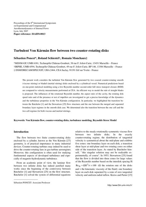 Pdf Turbulent Von Karman Flow Between Two Counter Rotating Disks