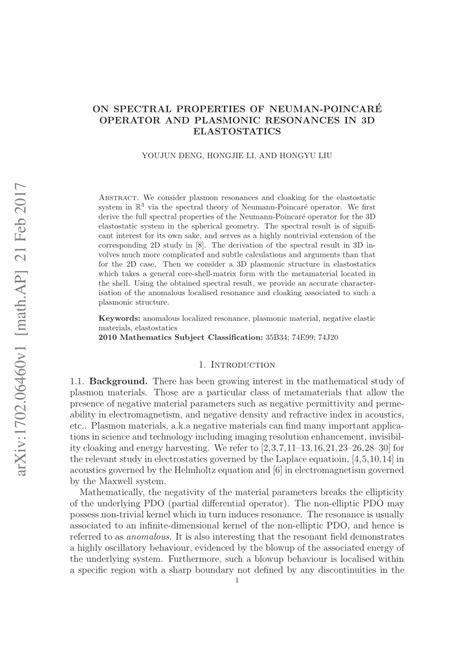 Pdf On Spectral Properties Of Neuman Poincare Operator And Plasmonic