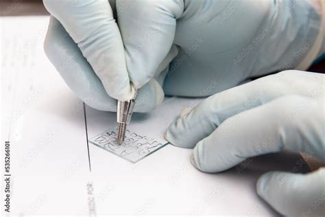 Laboratorian Labelling A Microscope Slide Using A Diamond Tip Pencil Laboratorian Giving