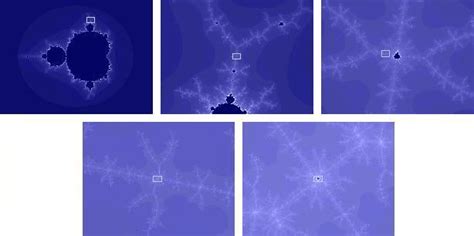 1 central set surrounded by mini mandelbrot sets in each picture a