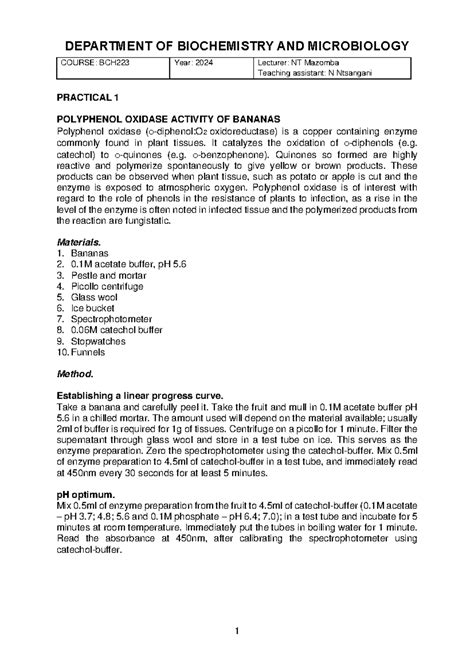 BCH Practical Manual COURSE BCH 223 Year 202 4 Lecturer NT Mazomba Teaching Assistant N