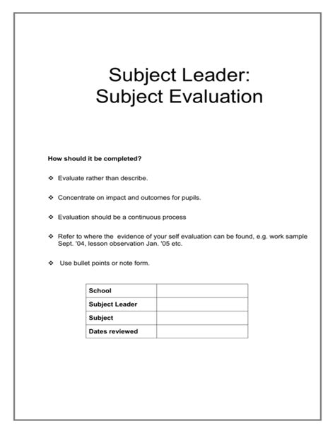Subject Leader Subject Evaluation Blank Template