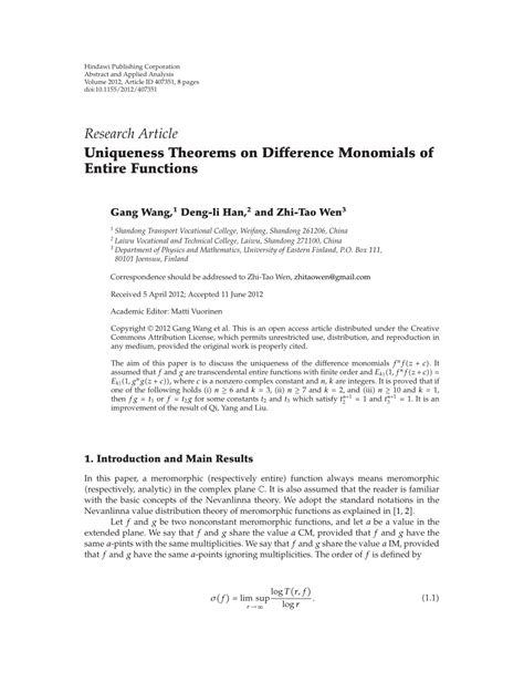 Pdf Uniqueness Theorems On Difference Monomials Of Entire Functions