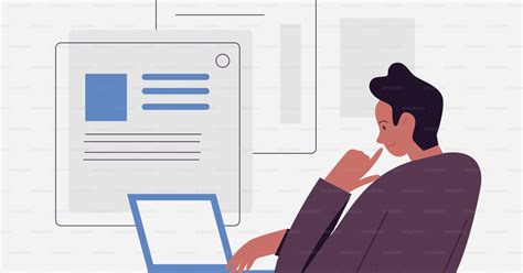 남자는 컴퓨터에서 온라인으로 생각하고 일한다 웹 탭 분석 및 열기 만화 벡터 일러스트레이션 벡터 Unsplash의 컴퓨터