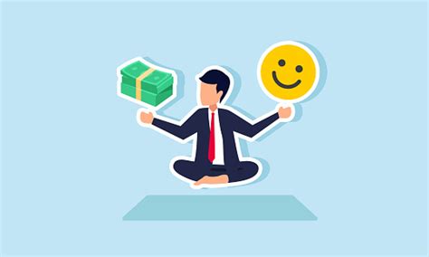 돈 뭉치를 들고 웃는 이모티콘을 들고 명상하는 사업가 이익과 참여 사이의 의사 결정의 균형을 맞추는 명확한 사고의 삽화 개발에 대한 스톡 벡터 아트 및 기타 이미지 Istock