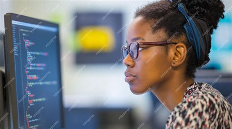 Female Programmer At Work Woman Coding And Sitting In Front Of A Monitor At A Computer Premium