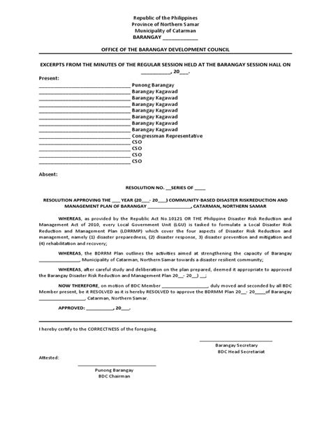 Bdc Resolution Approving The Bdrrm Plan Pdf Emergency Management Disaster Risk Reduction