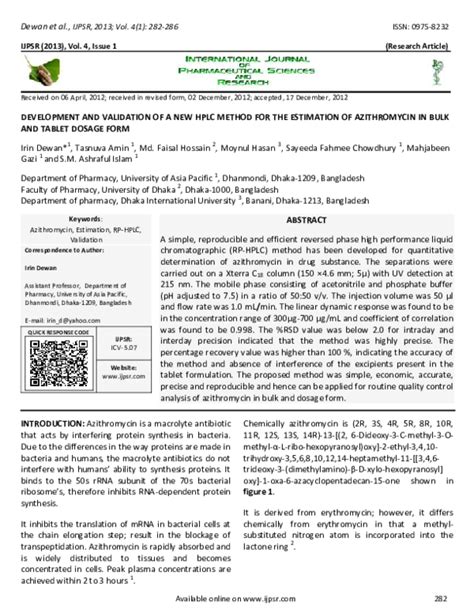 Pdf Development And Validation Of A New Hplc Method For The Estimation Of Azithromycin In Bulk