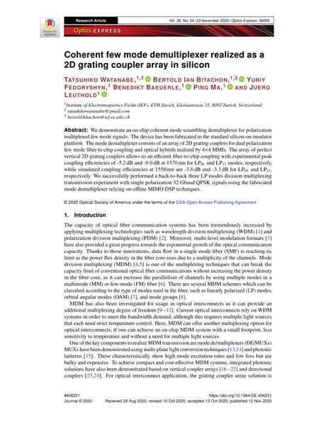 Pdf Coherent Few Mode Demultiplexer Realized As A 2d Grating Coupler