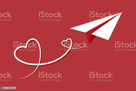 심장을 가진 종이 비행기 빨간색 배경에 심장에 점선 항공 경로가 있는 비행 비행기 사랑과 발렌타인 데이 개념 Eps 10의 벡터 그림입니다 공예에 대한 스톡 벡터 아트 및
