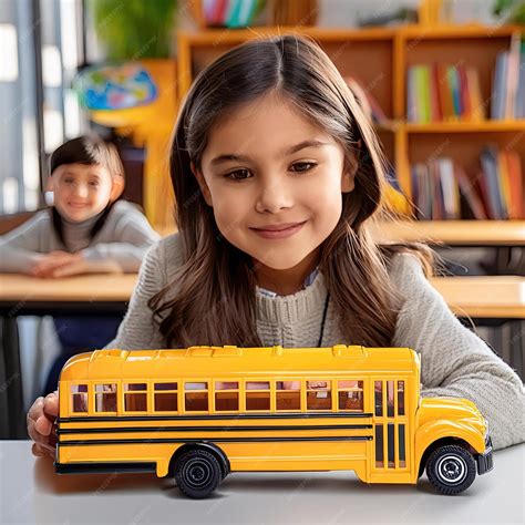 A Girl Is Holding A School Bus Made By A School Bus Premium Ai