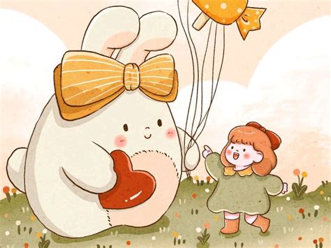 原创插画 送你一只气球 养牛牛的小兔子 站酷ZCOOL