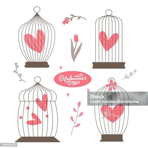 새장의 빈티지 하트는 흰색 배경에 고립 되어 있습니다 사랑 기호 발렌타인 데이 기호 아이콘의 대입 벡터 플랫 일러스트레이션 감정에 대한 스톡 벡터 아트 및 기타 이미지