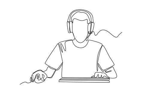 Single One Line Drawing Happy Boy Wearing Headset Playing Online Video