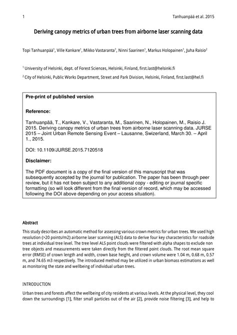 Pdf Deriving Canopy Metrics Of Urban Trees From Airborne Laser Scanning Data