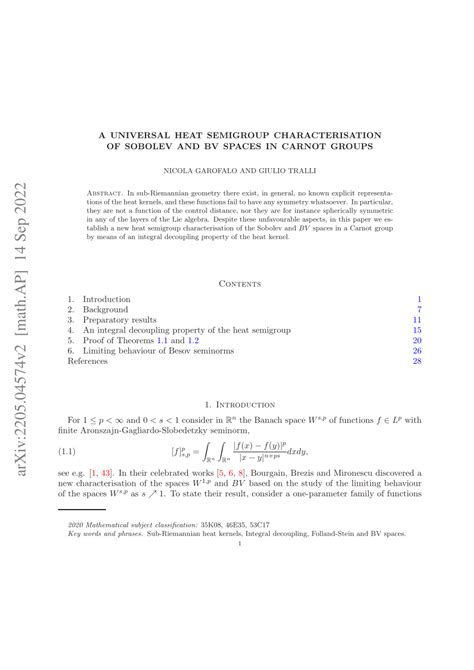 Pdf A Universal Heat Semigroup Characterisation Of Sobolev And Bv Spaces In Carnot Groups