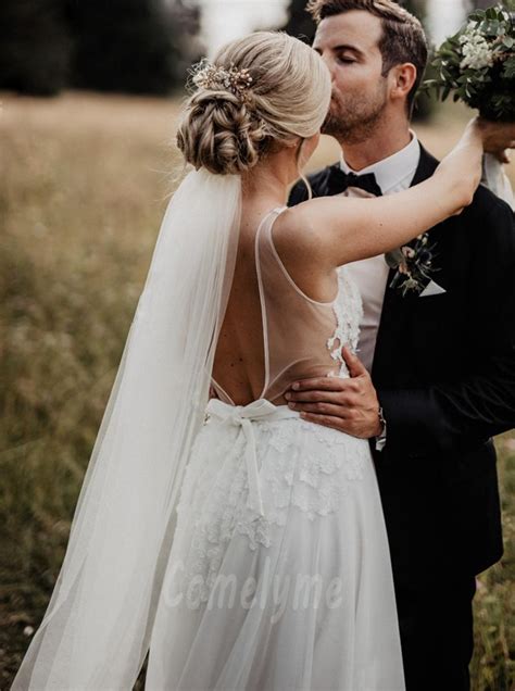 Semi Sheer Lace Bodice Tulle Skirt Backless Wedding Dress