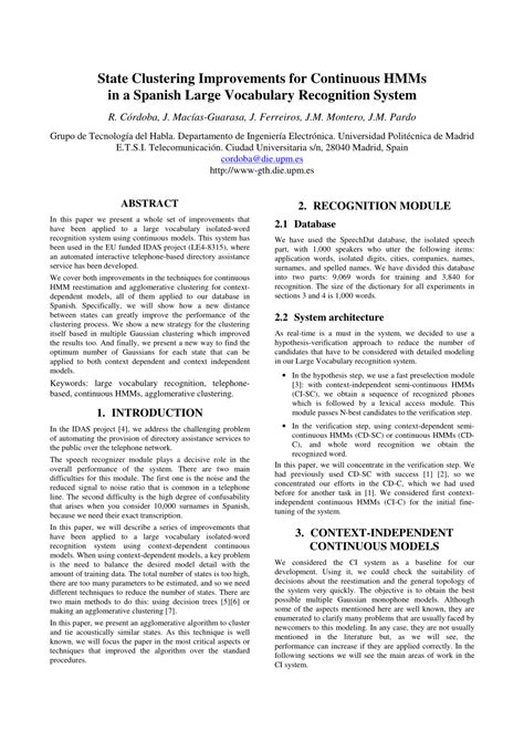 Pdf State Clustering Improvements For Continuous Hmms In A Spanish