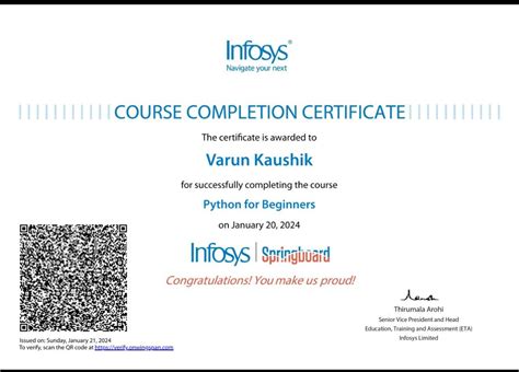 Varun Kaushik On Linkedin Python For Beginners Certificate From Infosys Springboard A