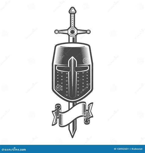 Sword And Helmet Of A Medieval Crusader Knight With Ribbon In Monochrome Style Isolated Vector