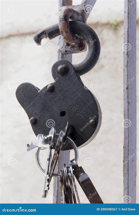 Vintage Old Padlock With Bunch Of Keys And Key Inside Lock And Hanged On Door Badoli Near Idar