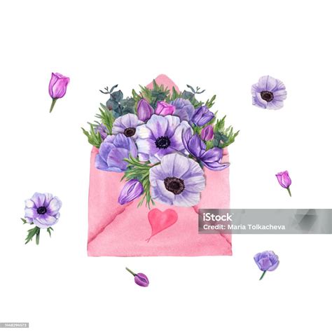 분홍색 봉투에 담긴 수채화 말미잘 꽃다발 흰색 배경에 격리된 그림 에 대한 날짜 저장 발렌타인 데이 생일 및 어머니의 날 카드
