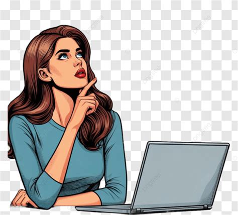 노트북 작업을 하며 무언가를 생각하는 비즈니스 소녀 온라인으로 일하다 비즈니스 여성 생각하는 여자들 Png 일러스트 및 이미지 에 대한 무료 다운로드 Pngtree
