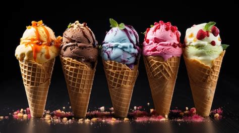 array of different flavored ice creams in waffle cones premium ai