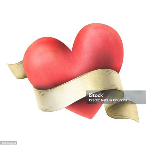 발렌타인 데이를 위해 종이 두루마리에 싸인 빨간 하트 비문을위한 빈 템플릿 손으로 그린 수채화 그림 흰색 배경에 격리된 요소입니다 2월에 대한 스톡 벡터 아트 및 기타