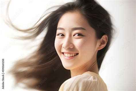 風になびく髪とホワイトニングされた歯を見せて笑う日本人の女性 Stock Illustration Adobe Stock