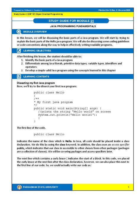 Module 01 Study Guide Java Programming Fundamentals Oop 101 Studocu