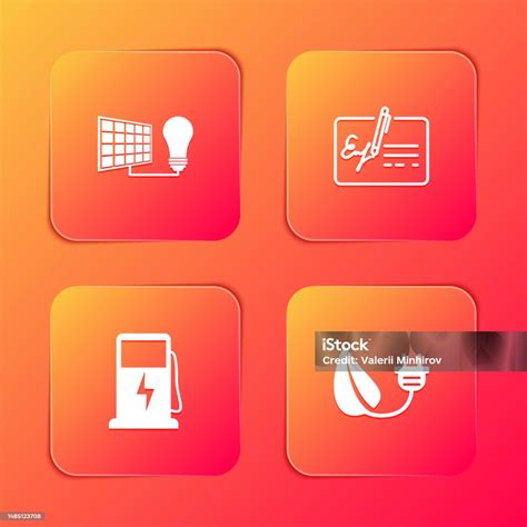 태양 에너지 패널과 전구 서명된 문서 전기 자동차 충전소 및 저장 플러그 잎 아이콘을 설정합니다 벡터 계약서에 대한 스톡 벡터 아트 및 기타 이미지 Istock