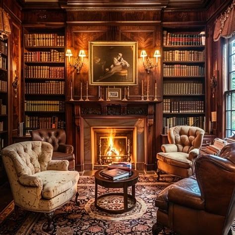Victorian Library With Fireplace