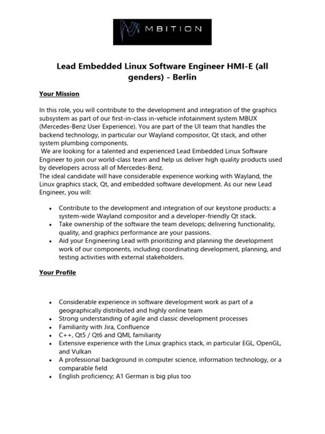 Mbition Lead Embedded Linux Software Engineer Hmi E Pdf Linux