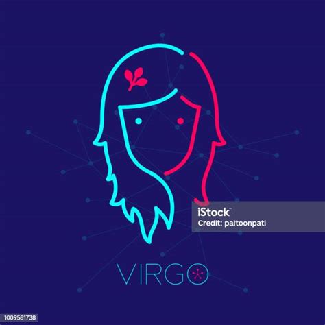 처녀자리 조디악 별자리 로고 아이콘 개요 스트로크 설정 처녀자리 텍스트와 복사 공간와 어두운 파란색 배경에 격리는 대시 선