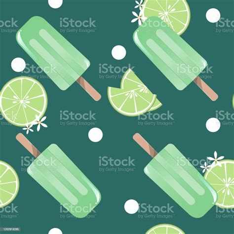 여름 인쇄를위한 녹색 배경 디자인에 슬라이스 라임 라임 꽃과 흰색 점과 아이스캔디 아이스크림의 귀여운 원활한 패턴 벡터 그림입니다 0명에 대한 스톡 벡터 아트 및 기타