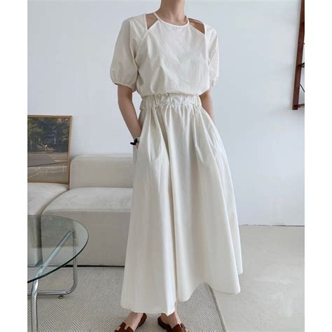 러블리 어깨 트임 에이 라인 코튼 롱 원피스 3컬러