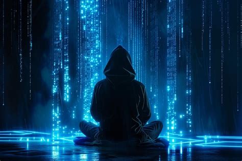 Premium Photo A Mysterious Hacker In A Dark Hoodie Sitting In A Lotus Position